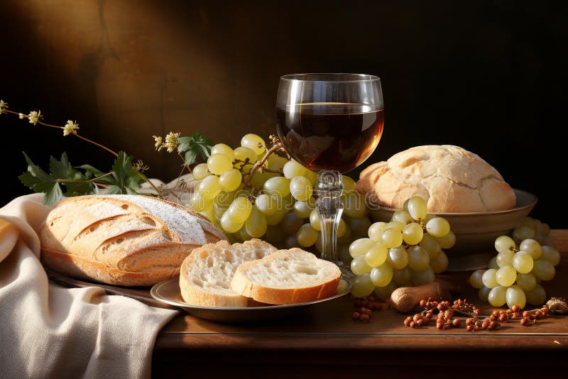 Holy Communion. a Chalice of Wine, Bread, Grapes and Ears of Wheat ...