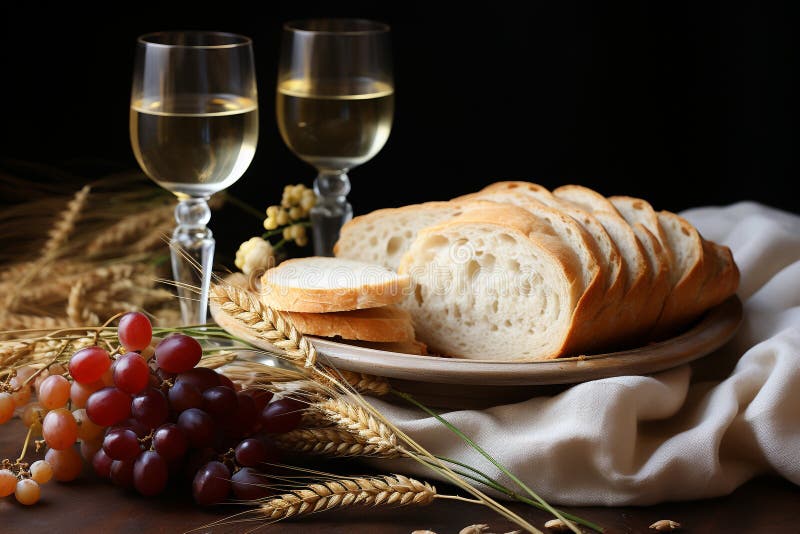 Holy Communion. a Chalice of Wine, Bread, Grapes and Ears of Wheat ...