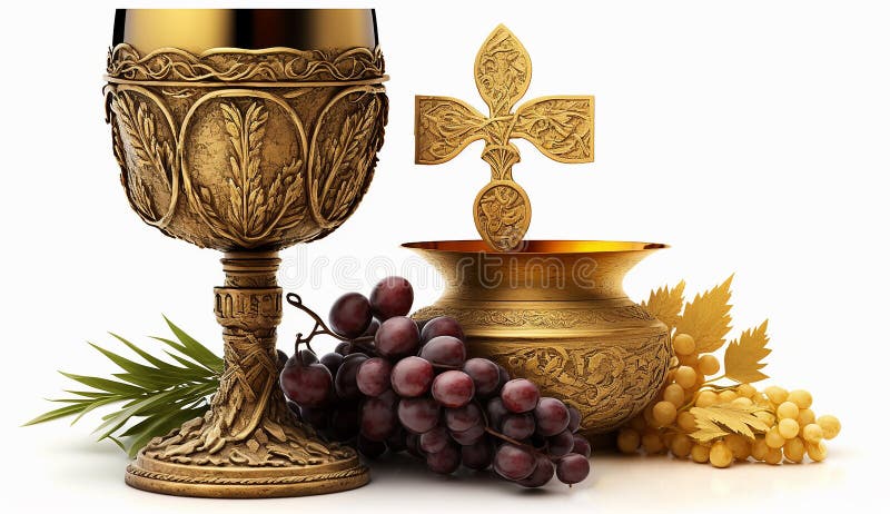 Holy Communion. a Chalice of Wine, Bread, Grapes and Ears of Wheat on ...