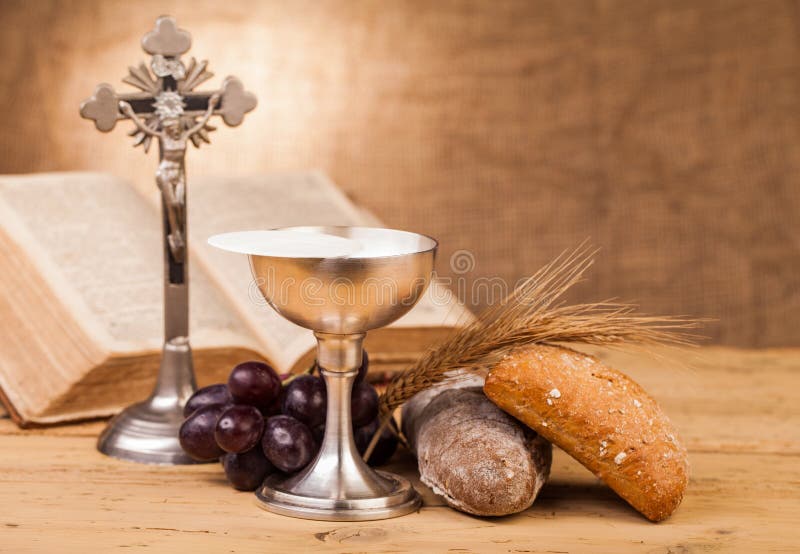 Communion Table with Wine Bread Grapes and Wheat Stock Image - Image of ...