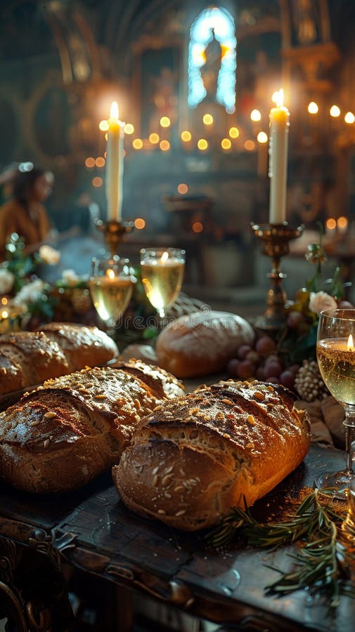 Holy Communion Elements Prepared on an Altar the Bread and Wine ...
