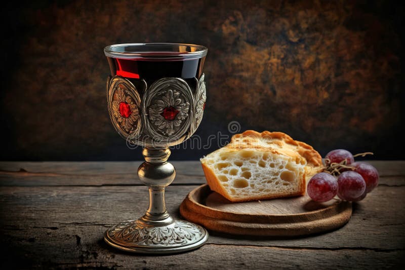 Holy Communion with Wine Chalice and Bread on a Wooden Table - Ai ...