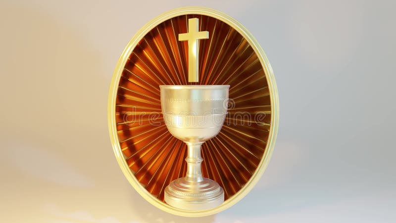 Holy Grail and Cross Placed on Designed Frame Against Gray Backdrop. 3d ...