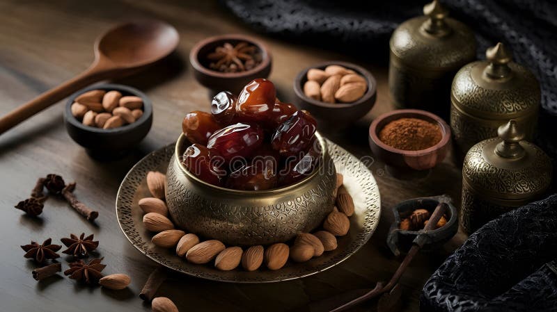 Holy Ramadan Concept. Decorated with Dates and Nuts in a Luxurious ...