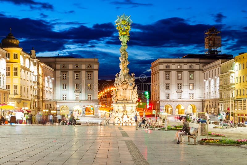 Hauptplatz Main Square, Linz Stock Photo - Image of center, night ...