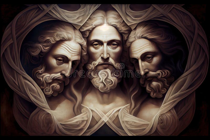 Holy Trinity, with Three Different Human Faces and Hands Visible Stock ...