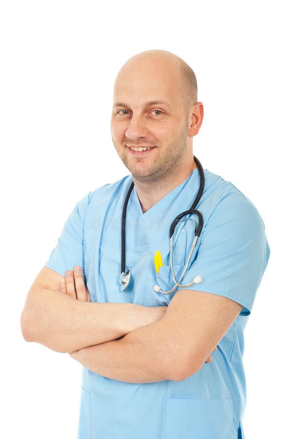 Médico Calvo Con Uniforme Blanco En Color Púrpura Y Azul Claro. Hombre ...