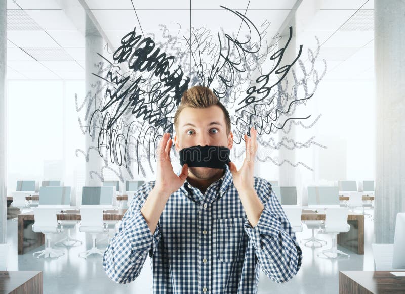 Hombre Confuso Con La Boca Atada Imagen de archivo - Imagen de bosquejo ...