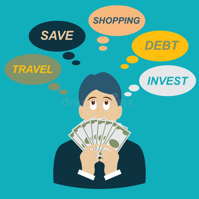 Hombre De Negocios Que Piensa En Cómo Gastar El Dinero O El Sueldo Vector Ilustración Del