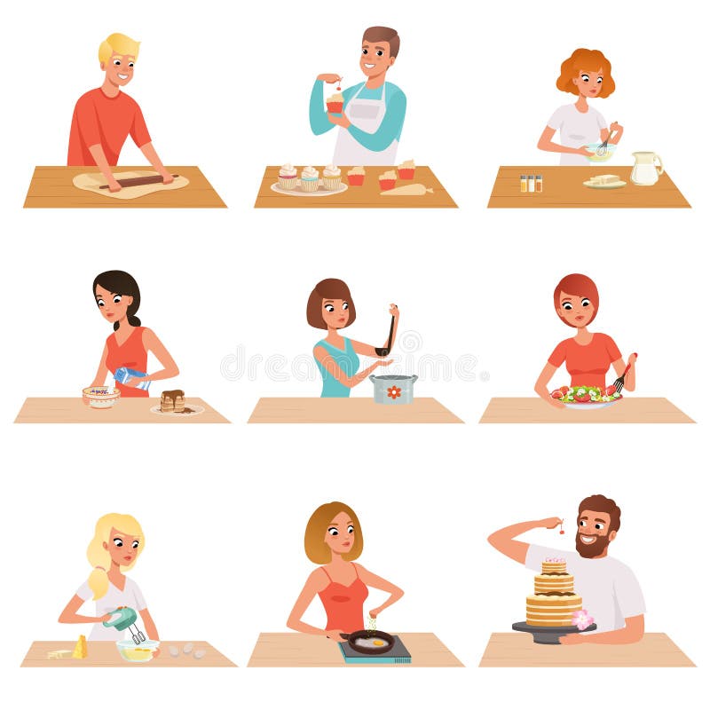 Hombre Joven Y Mujer Que Cocinan El Sistema, Gente En La Ropa Informal ... Hombre Joven Y Mujer Que Cocinan El Sistema, Gente En La Ropa Informal ...