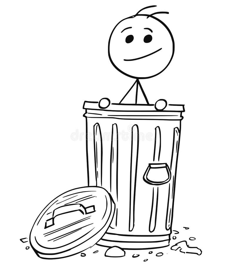 Hombre Sonriente Que Empuja Fuera Del Cubo De La Basura Del Cubo De