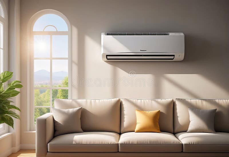 Home Air Conditioner Installed in a Room with a Sofa and a View from ...
