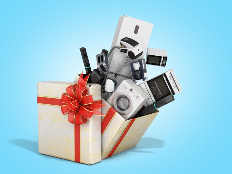 Home Appliances Fly Out of a Christmas Gift Box 3d Render on Blue ...