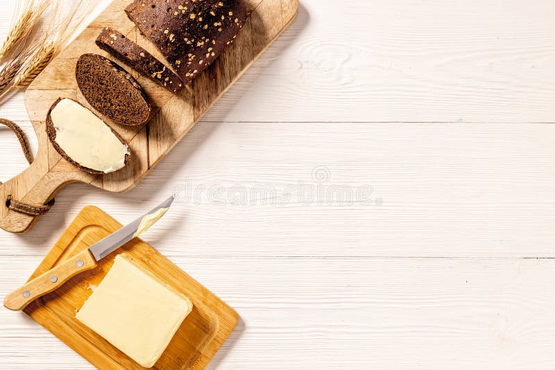 Home Baked Bread with Butter. Healthy Breakfast, Top View Stock Image ...