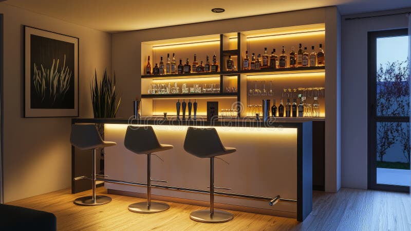 Home Bar, Evening Lighting, Drinks, Shelves, Relaxation Stock Photo ...