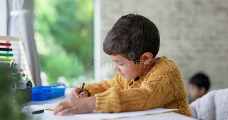 Home, Boy and Student Thinking, Writing and Inspiration with Focus ...