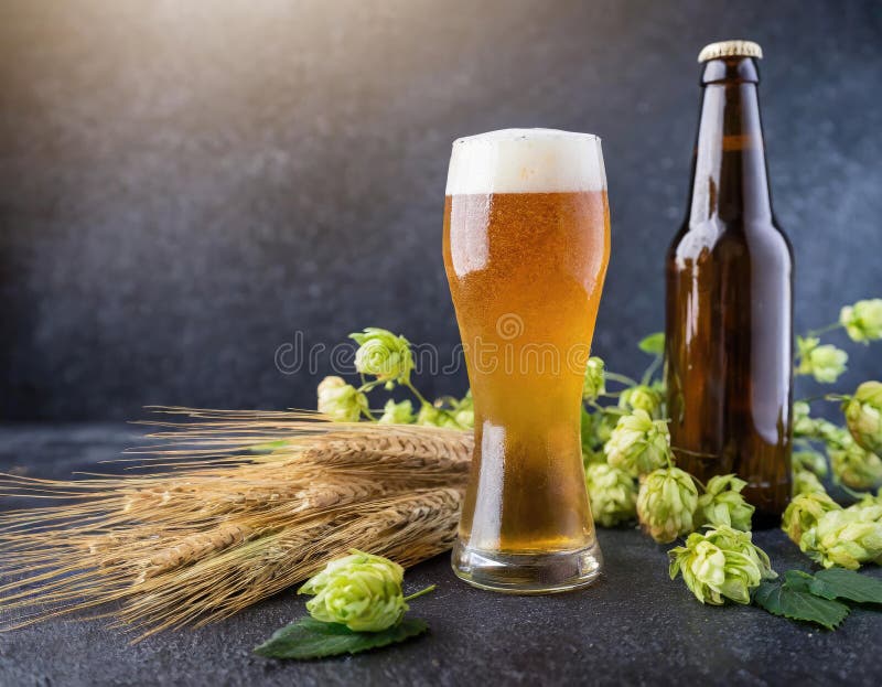 Bottle of a Craft Beer with Fresh Green of Hops and Wheat. Generated ...