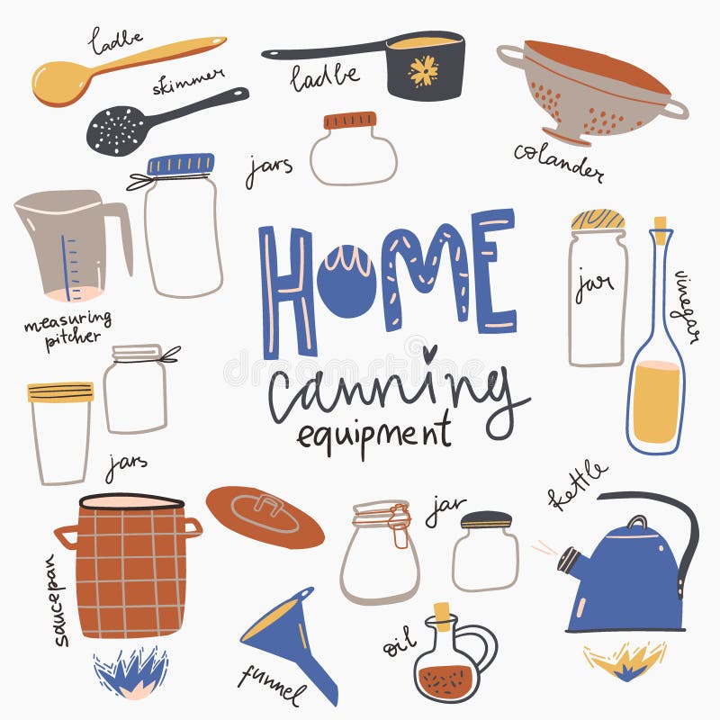Home Canning Equipment Doodle Collection. Kettle, Jars and Other ...
