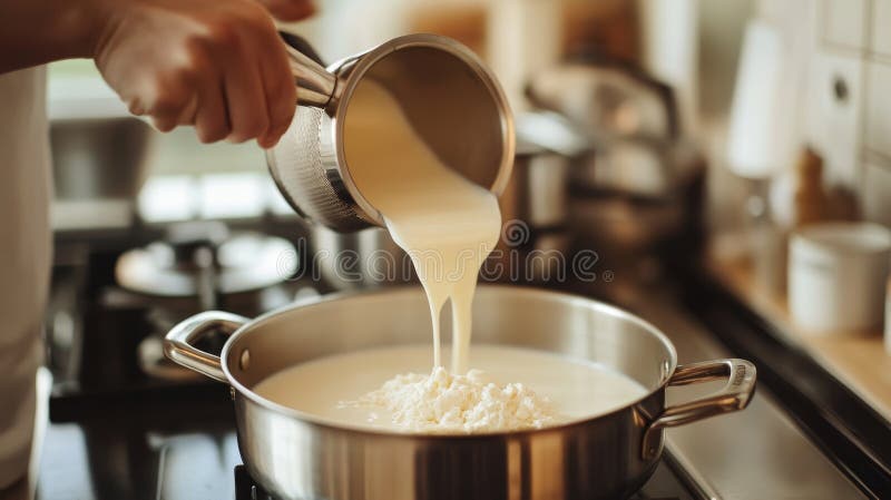 Home Cheesemaker Begins the Cheese Making Process by Pouring Milk into ...