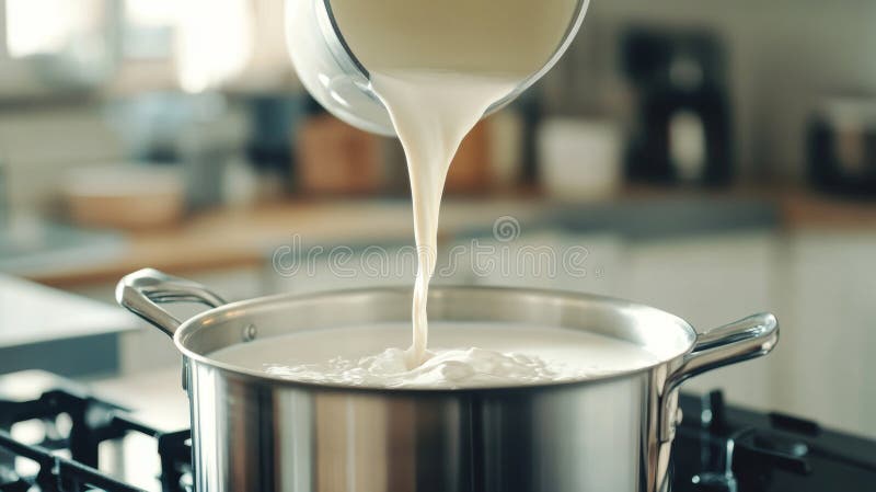 Home Cheesemaker Begins the Process by Pouring Milk into a Pot on the ...