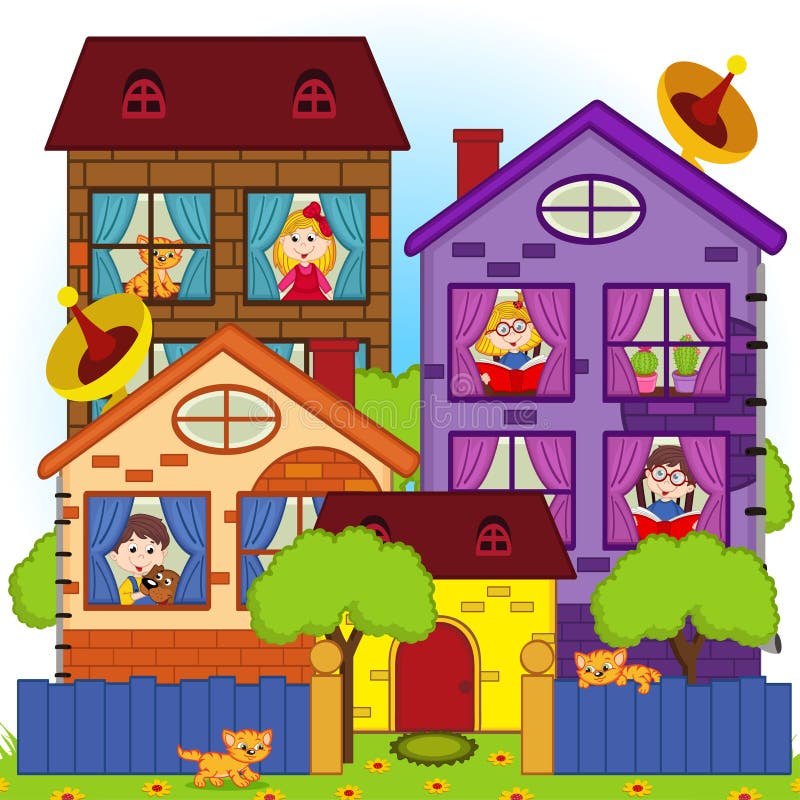 Home with the Children in the Windows Stock Vector - Illustration of ...
