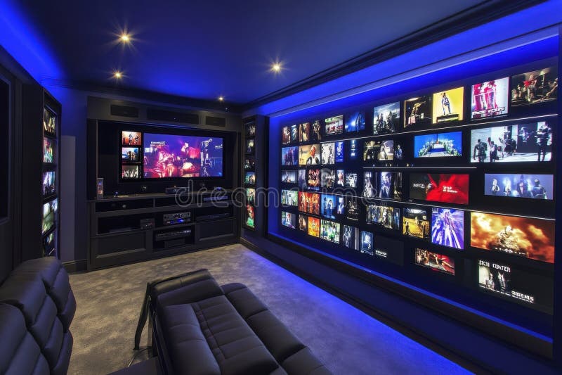 Home Cinema with Advanced Multimedia Setup Featuring Vibrant Lighting ...