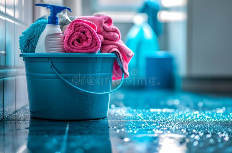 Home Cleaning Products in a Blue Bucket Inside Kitchen, Stock Image ...