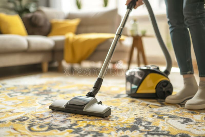 Home Cleaning Routine with Modern Vacuum in a Bright Living Room Stock ...