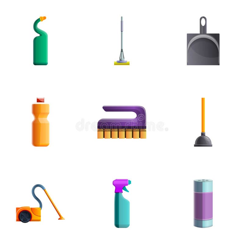 Home Cleaning Tools Icon Set, Cartoon Style Stock Vector - Illustration ...