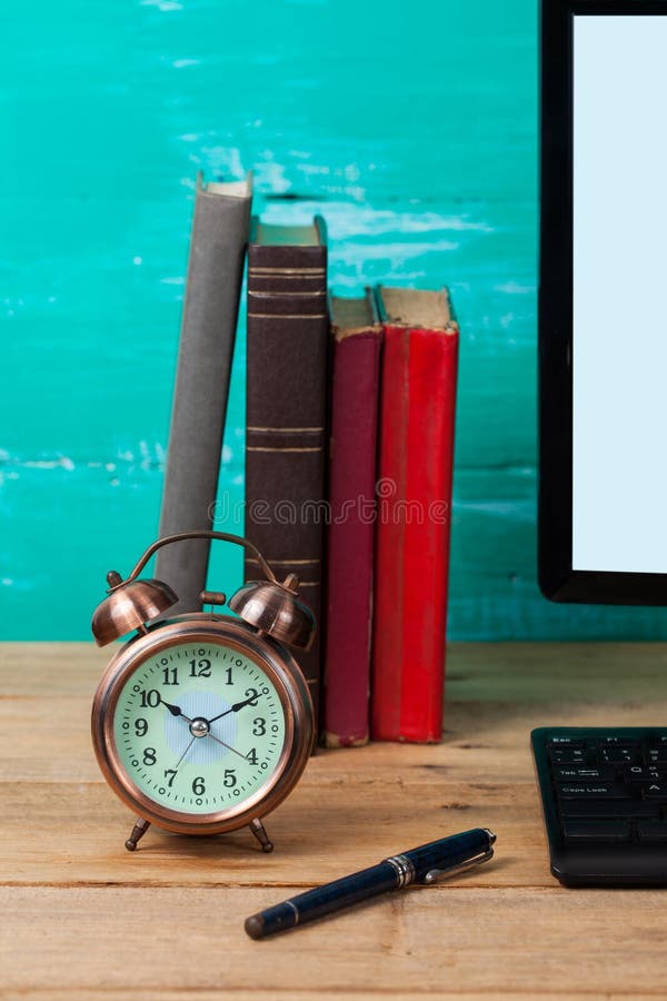 Home Computer on Desk with Clock Stock Photo - Image of computer ...