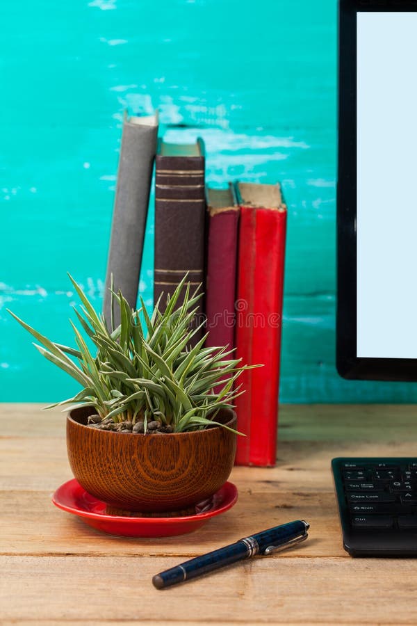 Home Computer on Desk with Props Stock Photo - Image of modern, tree ...