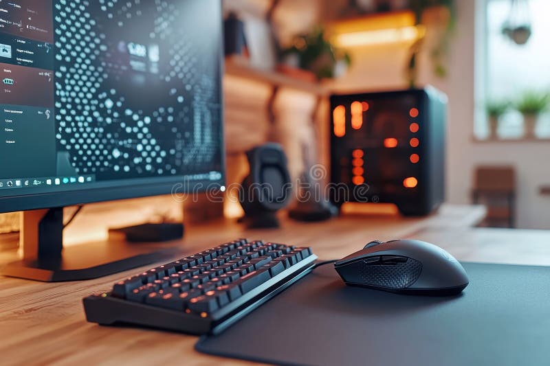 The Home Computer is on the Table in the Home Interior. a Gaming ...