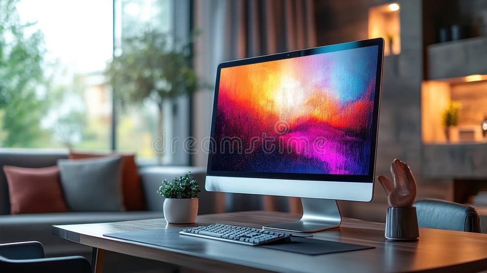 The Home Computer is on the Table in the Home Interior. a Gaming ...