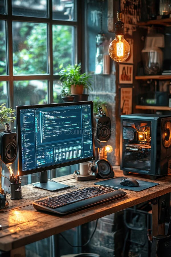 The Home Computer is on the Table in the Home Interior. a Gaming ...