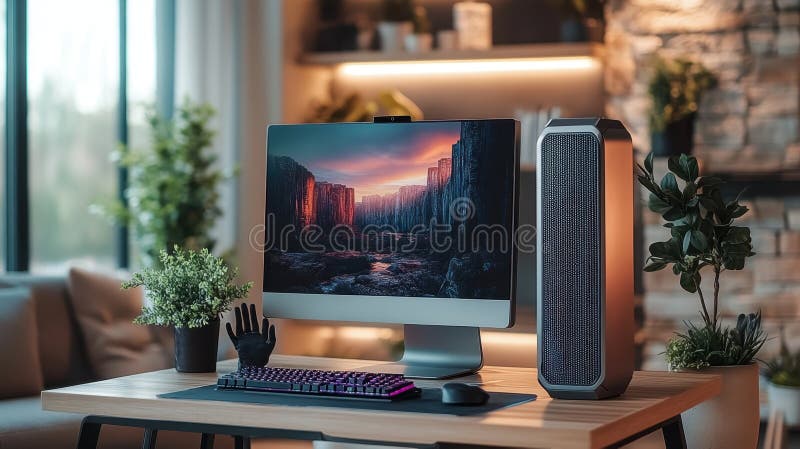 The Home Computer is on the Table in the Home Interior. a Gaming ...