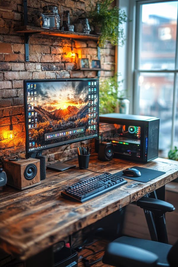 The Home Computer is on the Table in the Home Interior. a Gaming ...
