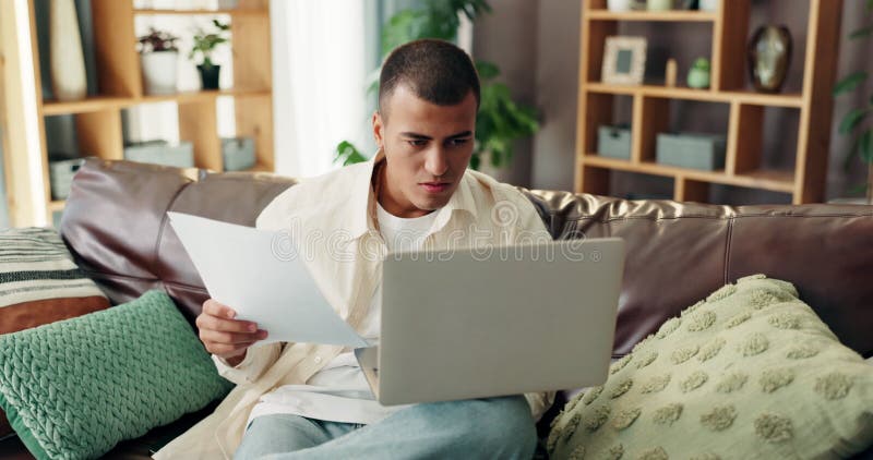 Home, Confused and Man with Laptop, Documents and Analysis of Payment ...