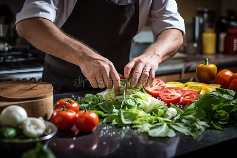A Home Cook Finely Chopping Fresh Lettuce on a Kitchen Counter ...