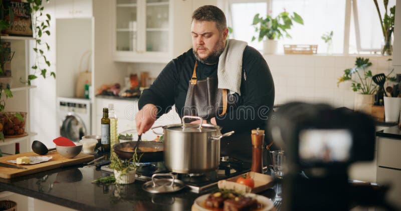 Home, Cooking and Man with Live Streaming in Kitchen for Dinner ...