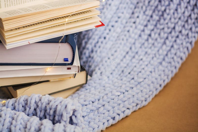 Home Cozy Place Work and Study. Stack of Books on Blue Knitted Plaid ...