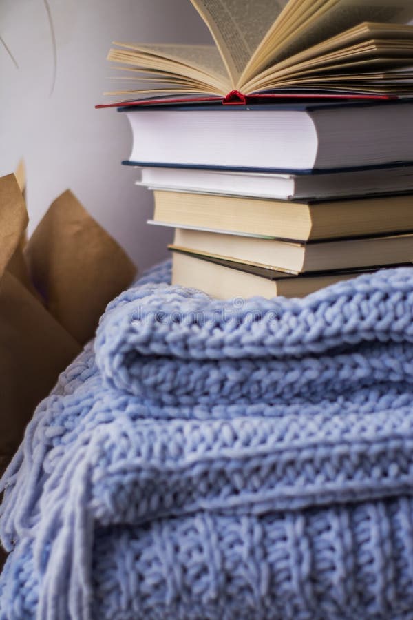 Home Cozy Place Work and Study. Stack of Books on Blue Knitted Plaid ...