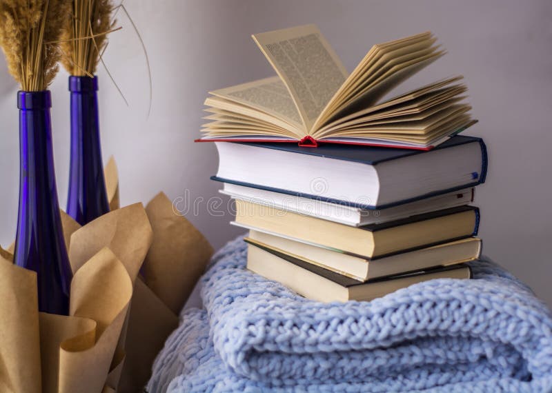 Home Cozy Place Work and Study. Stack of Books on Blue Knitted Plaid ...