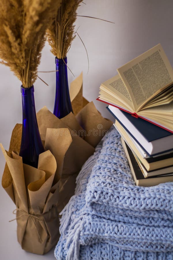 Home Cozy Place Work and Study. Stack of Books on Blue Knitted Plaid ...