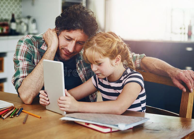 Home, Dad and Girl with Tablet for Homework or Read with Elearning for ...