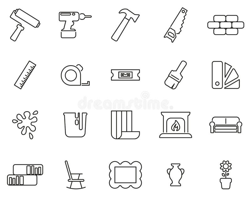 Home Decorating & Home Remodeling Icons Black & White Thin Line Set Big ...