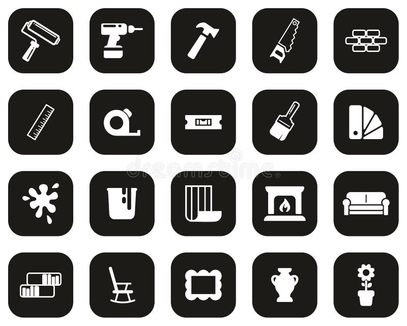 Home Decorating & Home Remodeling Icons White on Black Flat Design Set ...