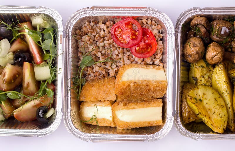 Home Delivery Concept. Buckwheat and Fried Cheese Close-up in ...