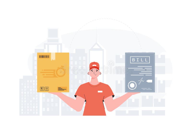 Home Delivery Concept Male Courier Holds Parcel And Check Cartoon