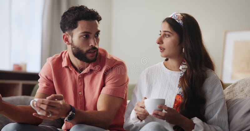 Home, Discussion and Couple with Coffee on Sofa in Morning, Commitment ...