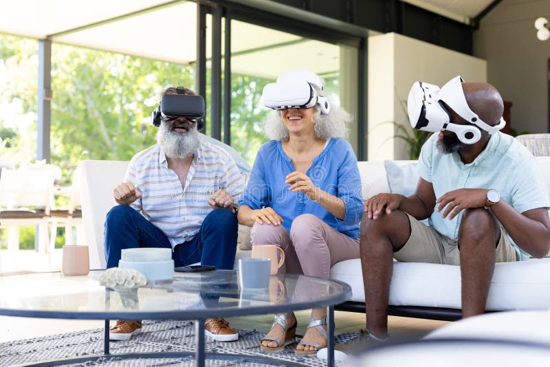 At Home, Diverse Group of Friends Using VR Headsets, Enjoying Virtual ...